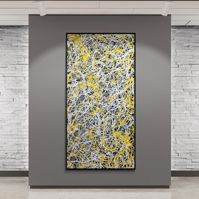 Jackson Pollock Inspired Yellow & Black Abstract Canvas | 200x100 Cm ...