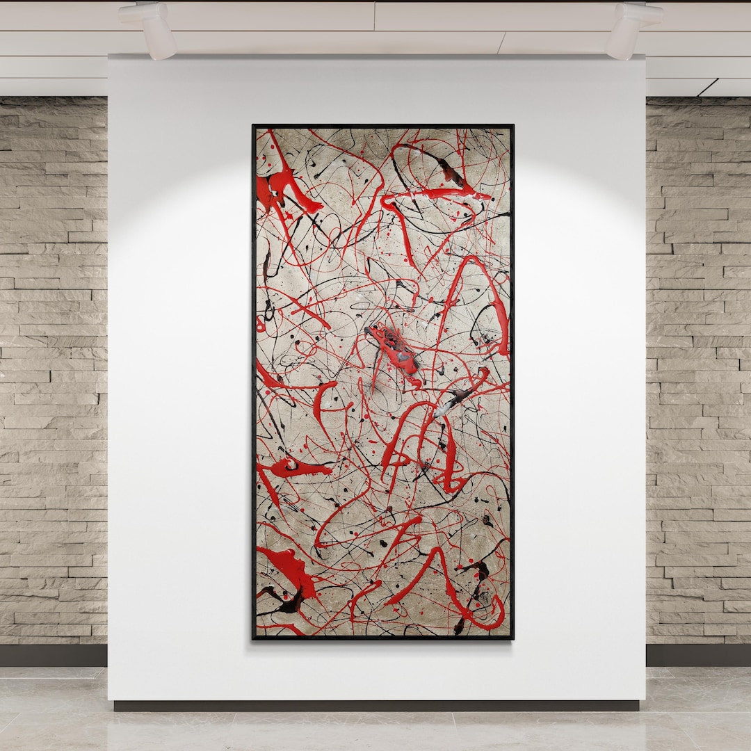 Jackson Pollock Style Red & Black Abstract Canvas | 200x100 Cm Metallic ...