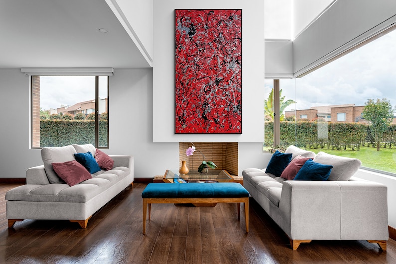 XXL Jackson Pollock Style Red Canvas | Original Abstract Canvas Black ...