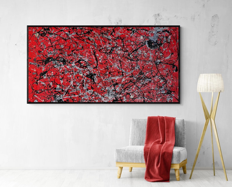 XXL Jackson Pollock Style Red Canvas | Original Abstract Canvas Black ...