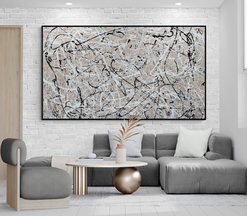 XXL Jackson Pollock Style Soft Sand Canvas | Black & White Abstract ...