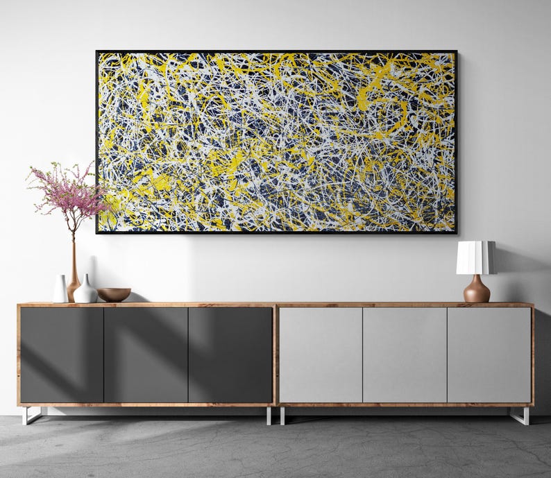 Jackson Pollock Inspired Yellow & Black Abstract Canvas | 200x100 Cm ...