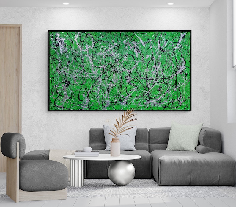 XXL Jackson Pollock Style Green Canvas | Handmade Abstract Drip ...