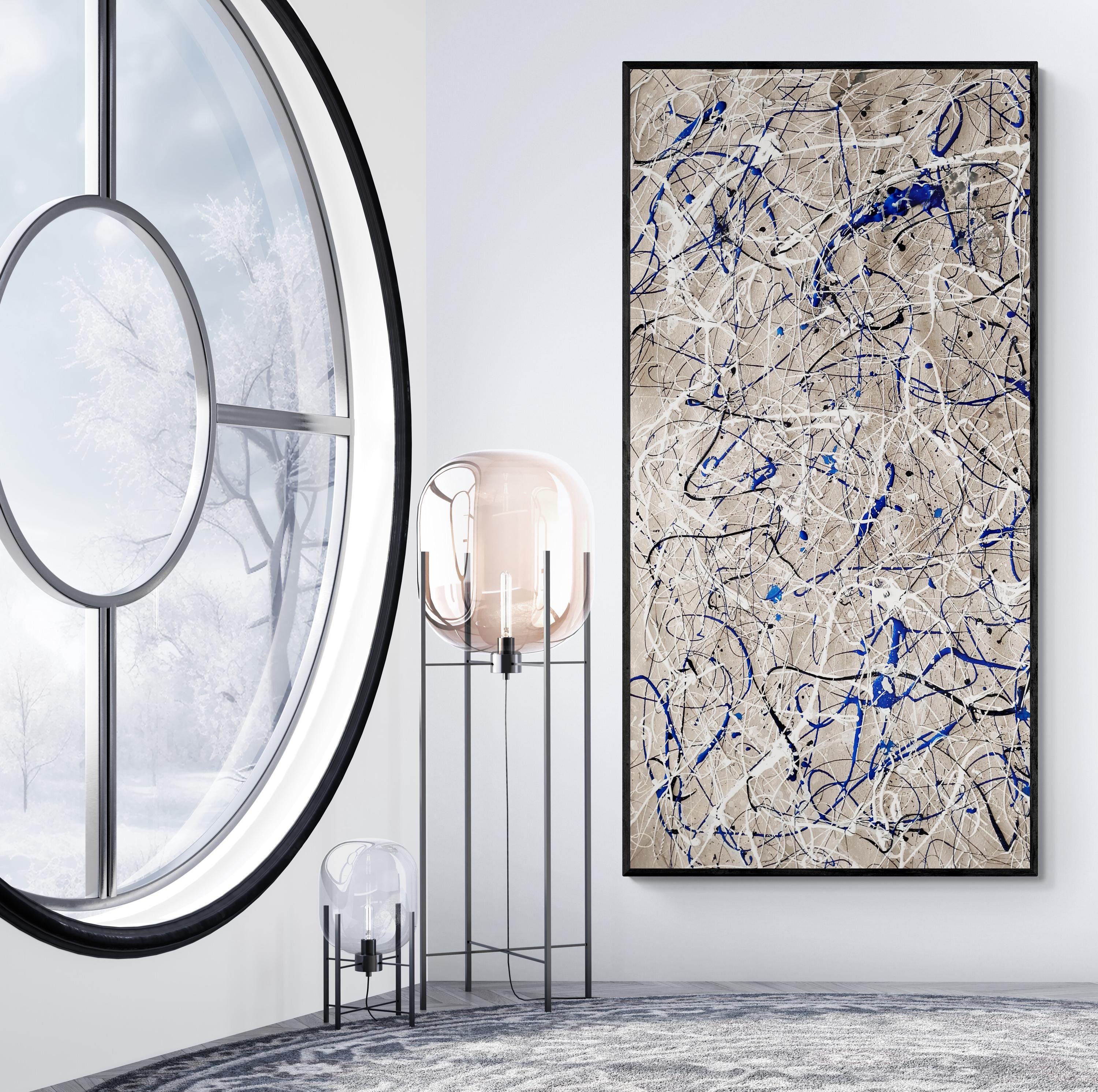 XXL Jackson Pollock Style Sand Color | Blue and White Art | Unique ...