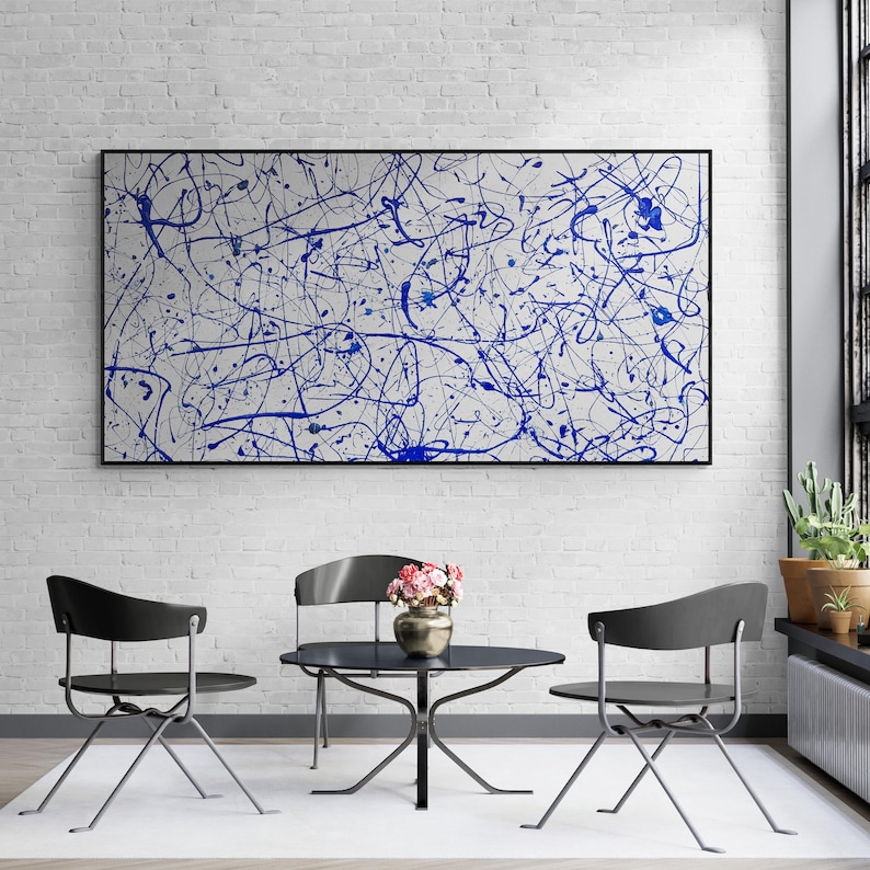 XXL Jackson Pollock Style Blue & Pearl Canvas | Handmade Abstract Drip ...