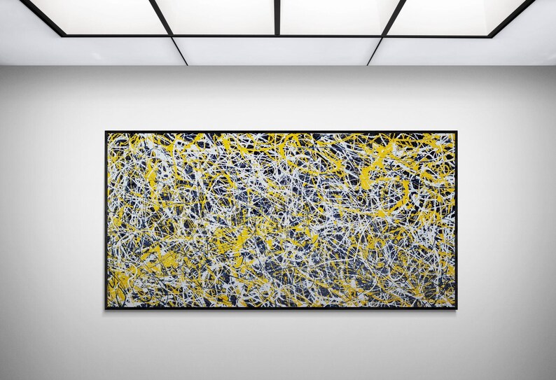 Jackson Pollock Inspired Yellow & Black Abstract Canvas | 200x100 Cm ...