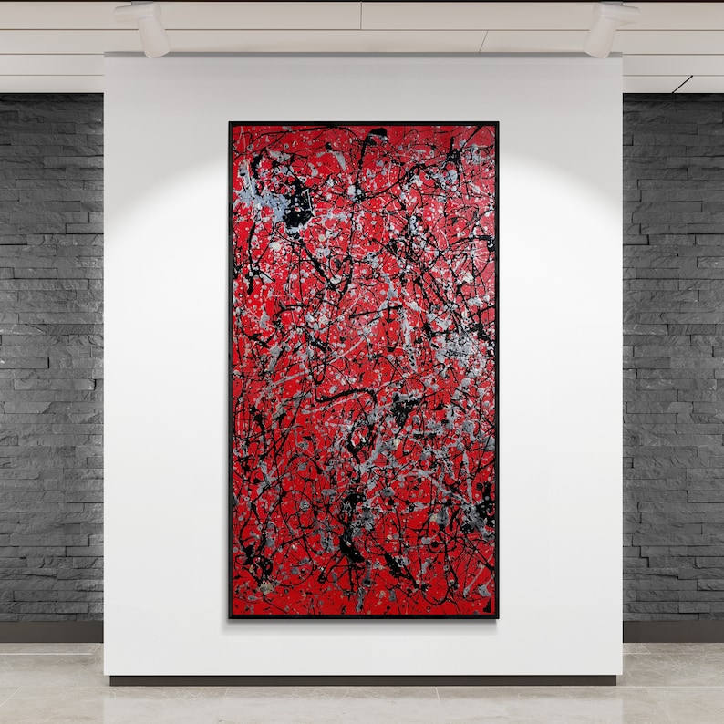 XXL Jackson Pollock Style Red Abstract Canvas | Handcrafted Large Wall ...