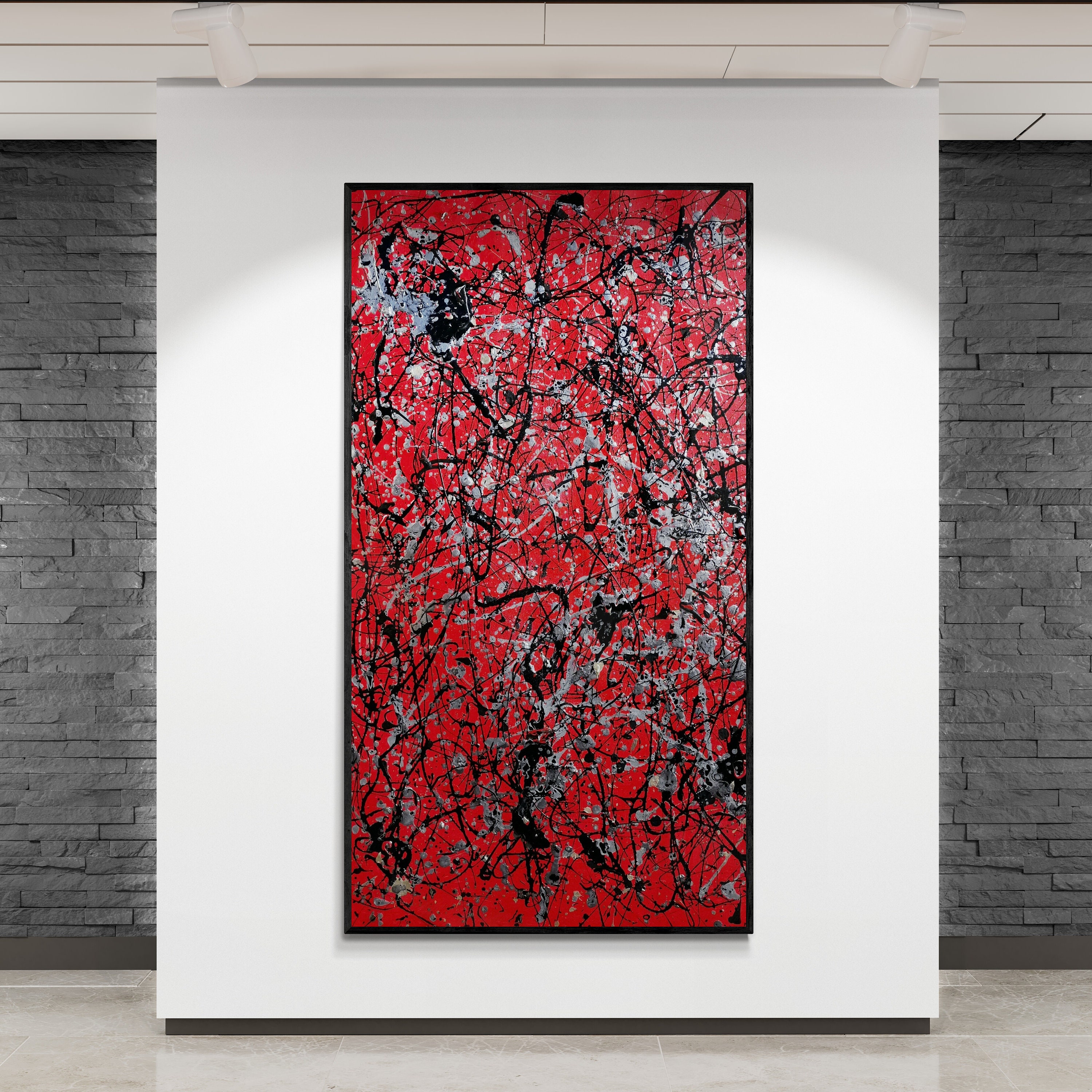 XXL Jackson Pollock Style Red Abstract Canvas | Handcrafted Large Wall ...