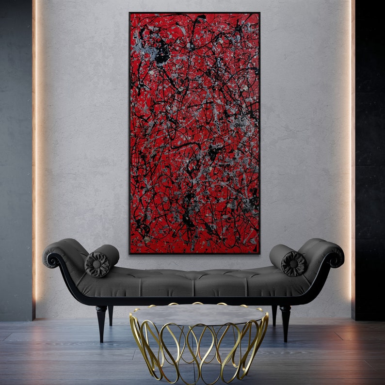 XXL Jackson Pollock Style Red Abstract Canvas | Handcrafted Large Wall ...