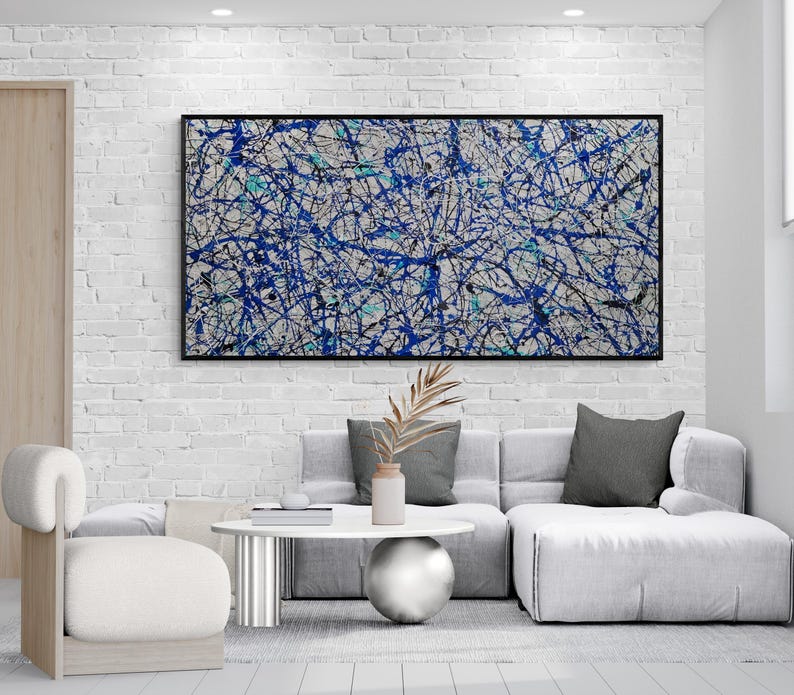 XXL Jackson Pollock Style Gray & Blue Canvas | Original Drip Abstract ...