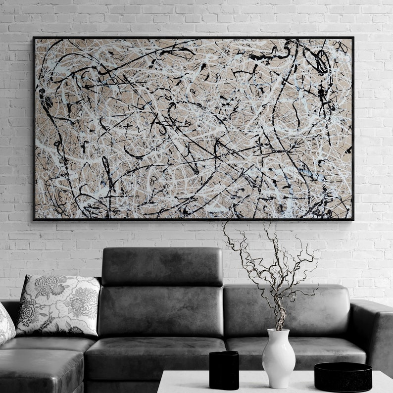 XXL Jackson Pollock Style Soft Sand Canvas | Black & White Abstract ...