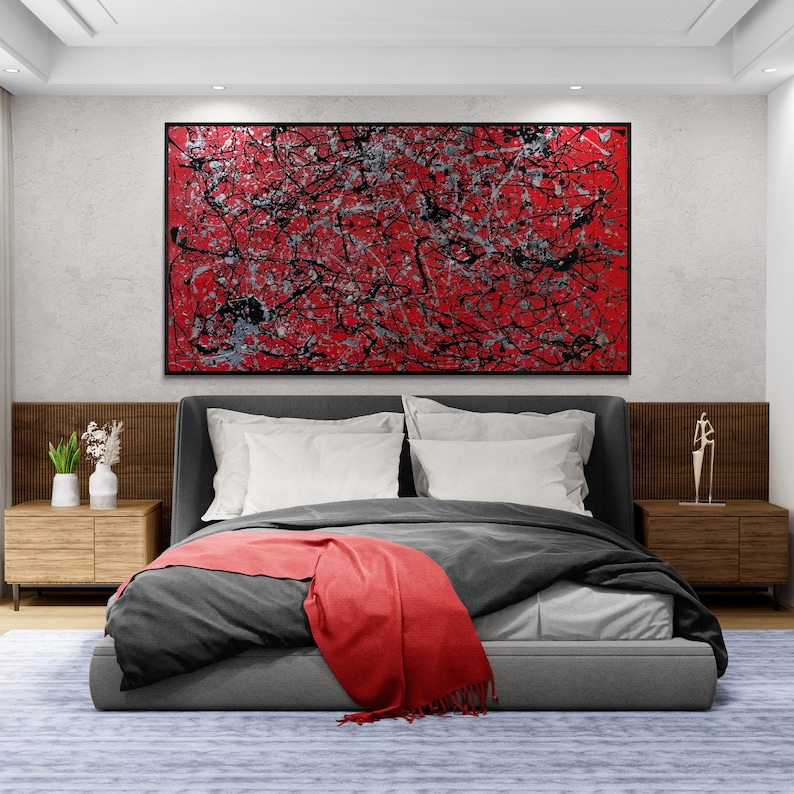 XXL Jackson Pollock Style Red Abstract Canvas | Handcrafted Large Wall ...