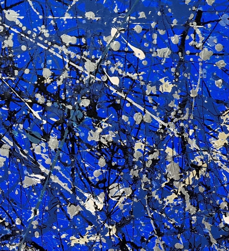 XXL Jackson Pollock Style Blue Canvas | Modern Black & Silver Drip Art ...