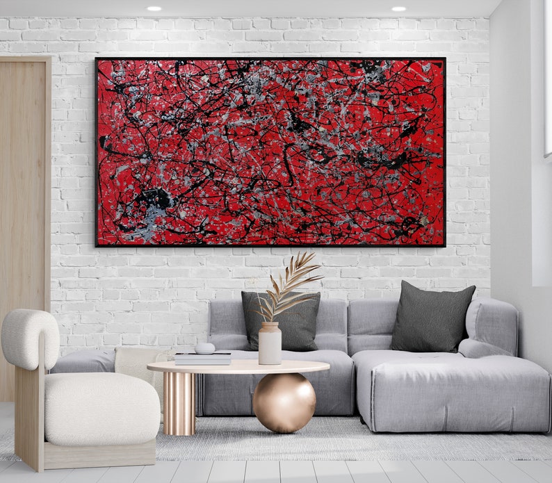 XXL Jackson Pollock Style Red Abstract Canvas | Handcrafted Large Wall ...