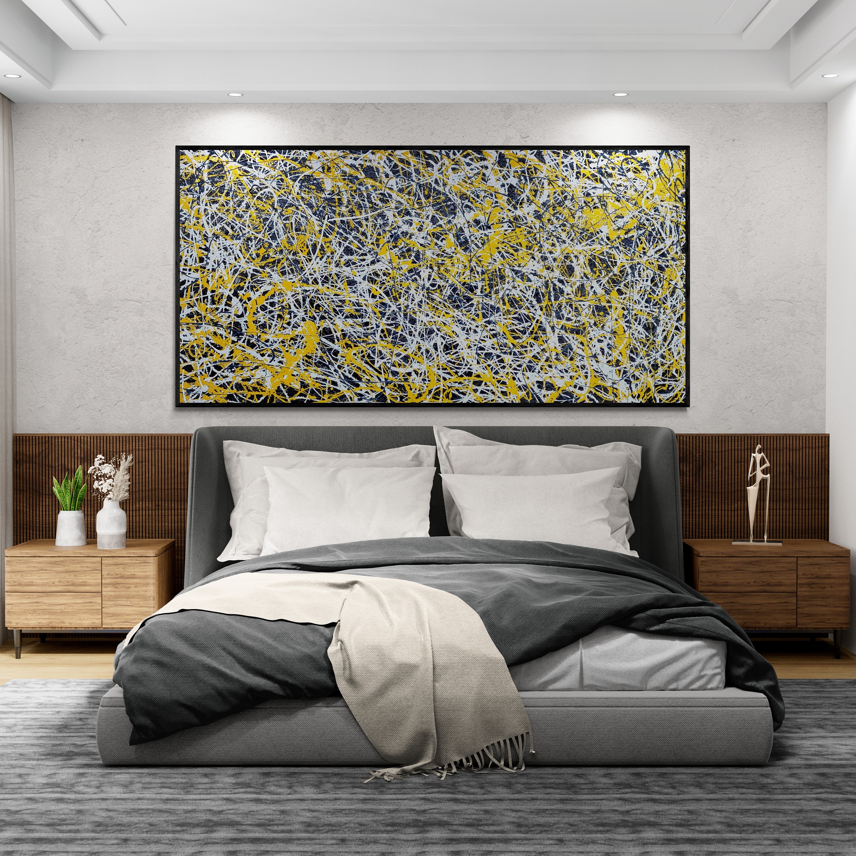 XXL Jackson Pollock Style Yellow & Black Canvas | Handmade Abstract ...