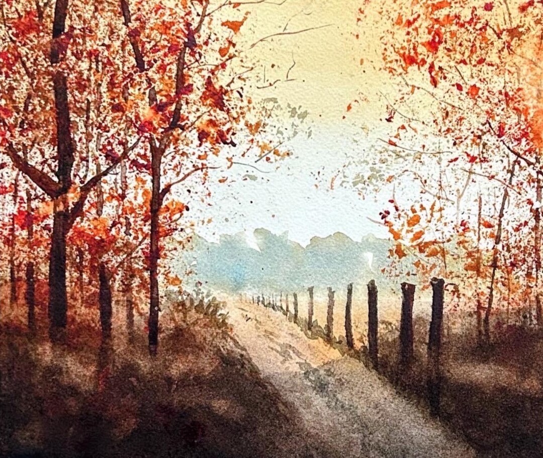 Autumn Path Fall Watercolor Landscape Art Print - Etsy