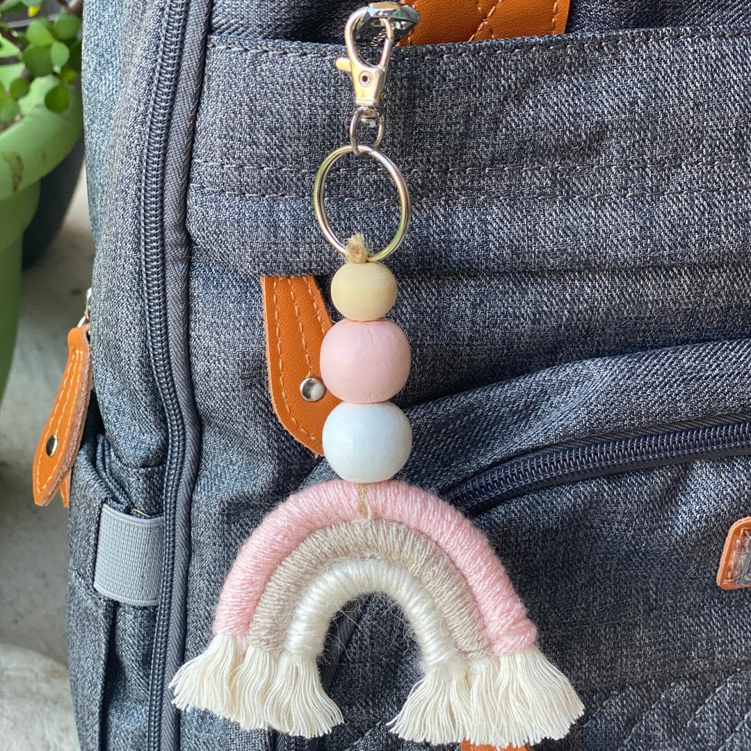 Boho Rainbow Keychain Pastel Pink Tan Beige Brown Macrame With Wood ...