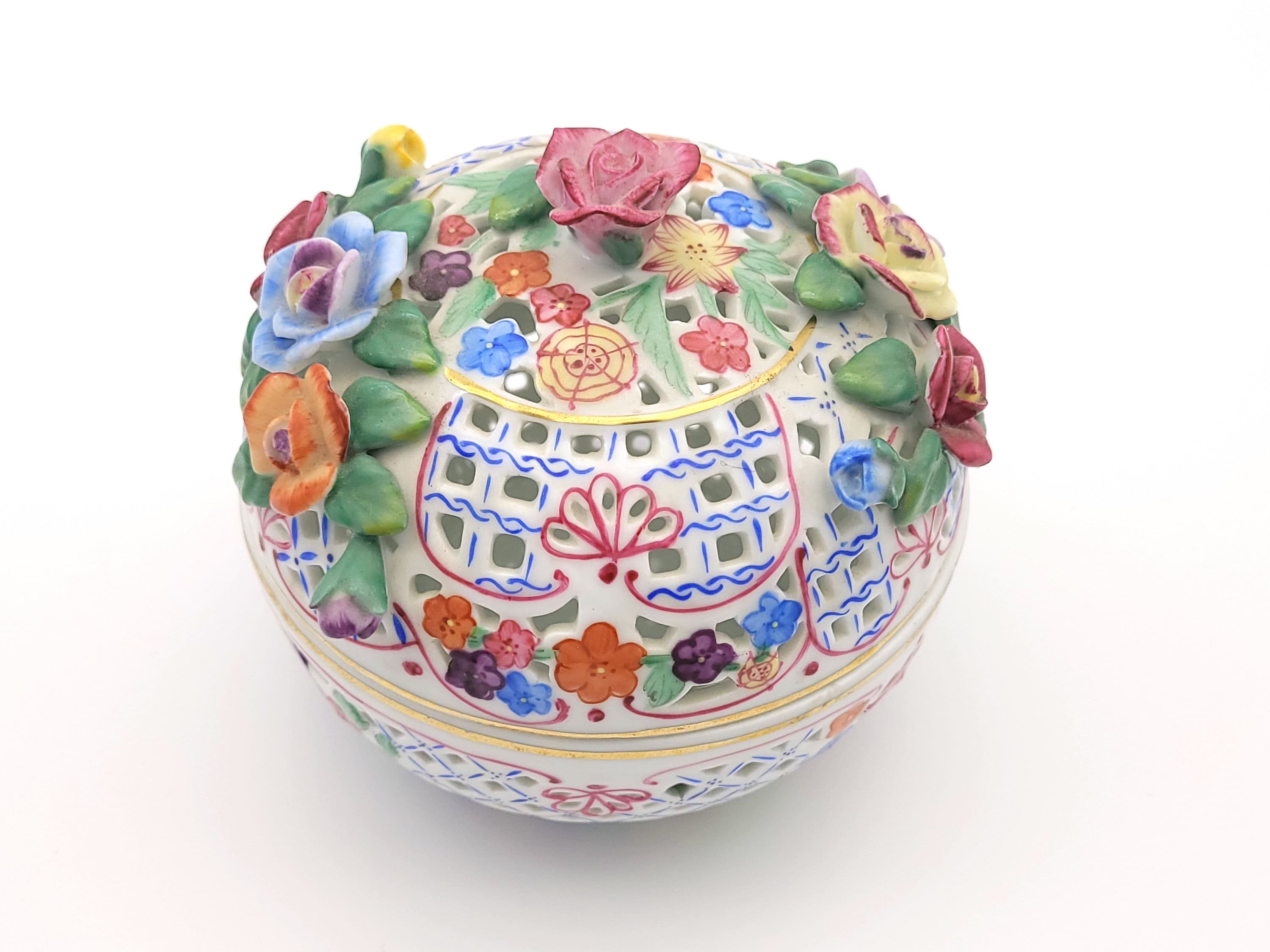 Vintage Potpourri Bowl With Lid, Herend Style Reticulated Porcelain ...