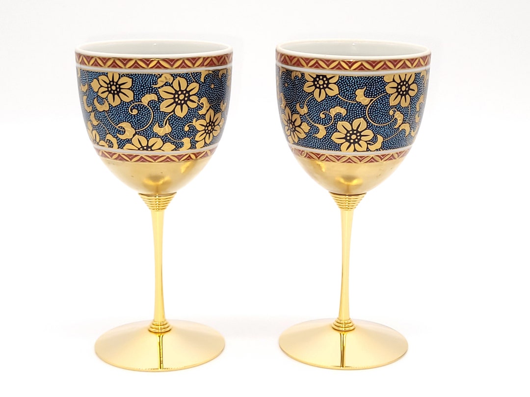 Vintage Japanese Porcelain Wine Glass Kutani Ware Cup Set 2 Matching ...