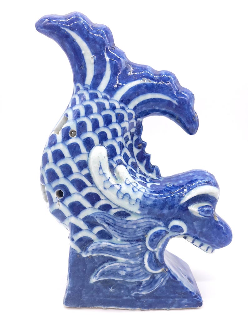 Antique Chinese Dragon Fish Roof Tile, Blue Celadon Glaze - Etsy