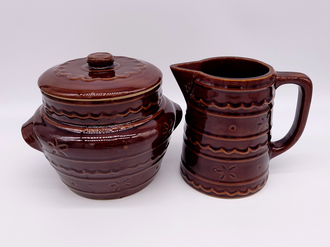 Vintage Marcrest Stoneware Daisy Dot Pitcher and Bean Pot With Lid, Brown Stoneware Set ...