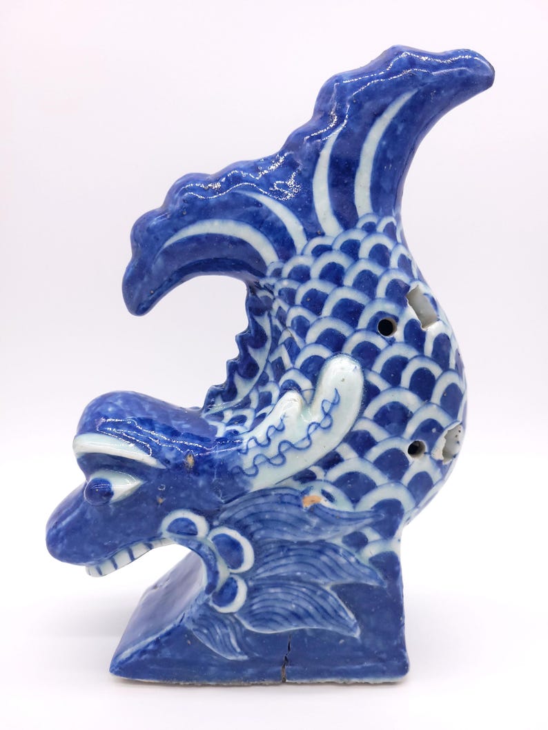 Antique Chinese Dragon Fish Roof Tile, Blue Celadon Glaze - Etsy