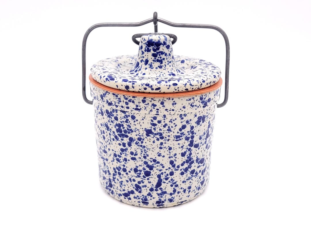 Vintage Blue Speckled Lidded Pottery Jar With Handle, Glazed Stoneware ...