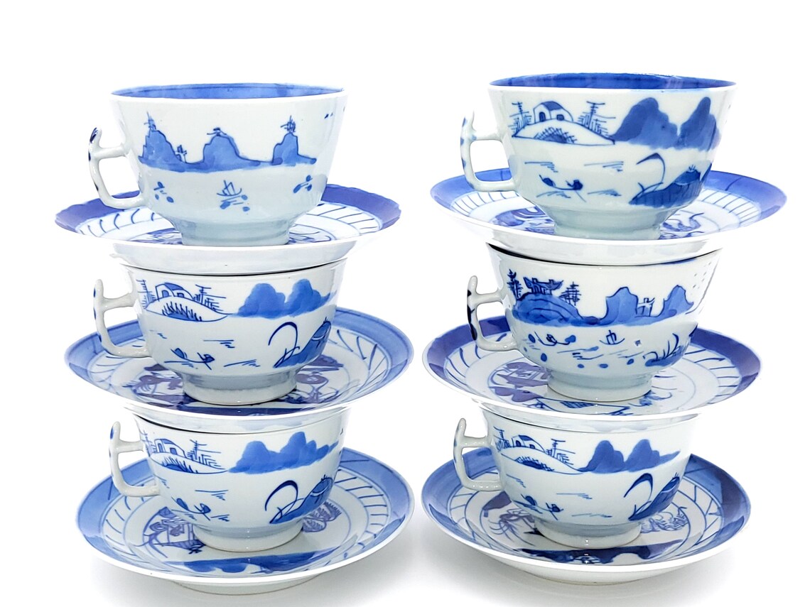 Antique Canton Porcelain Oriental Tea Set of 6, 19th Century Chinese ...