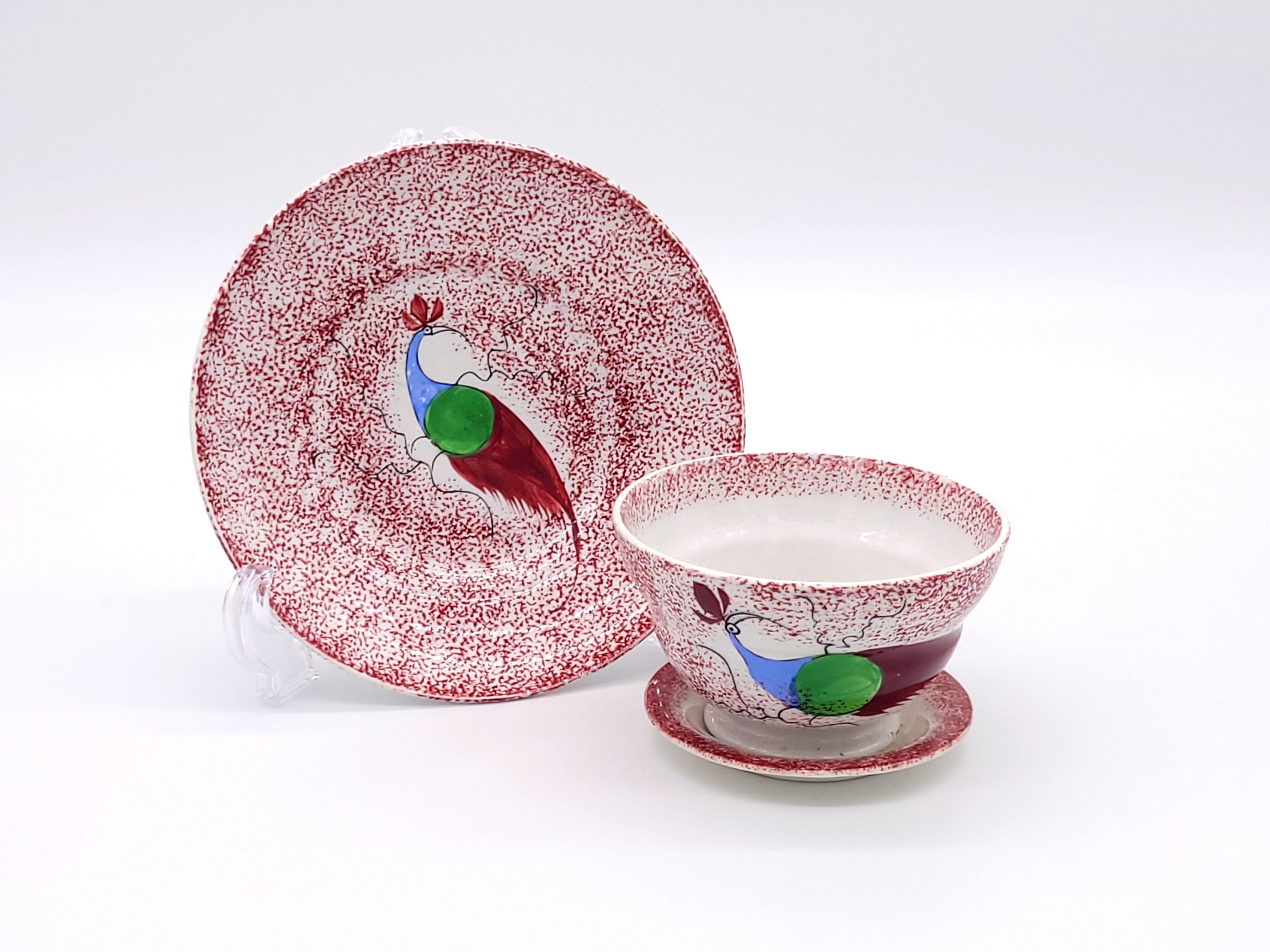 William Adams Red Spatterware Peafowl Porcelain Plate, Cup, and Saucer ...