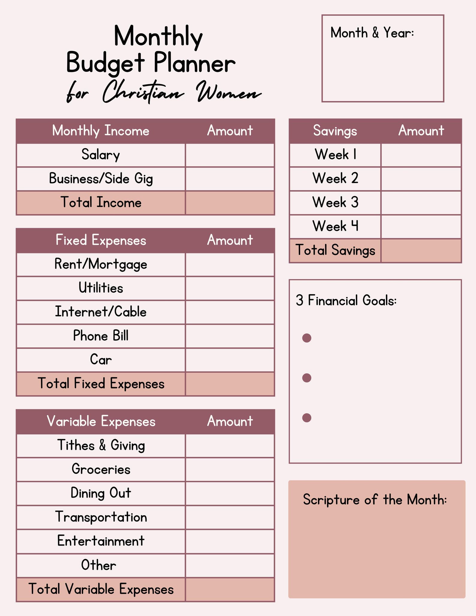 Monthly Budget Planner for Christian Women - Etsy
