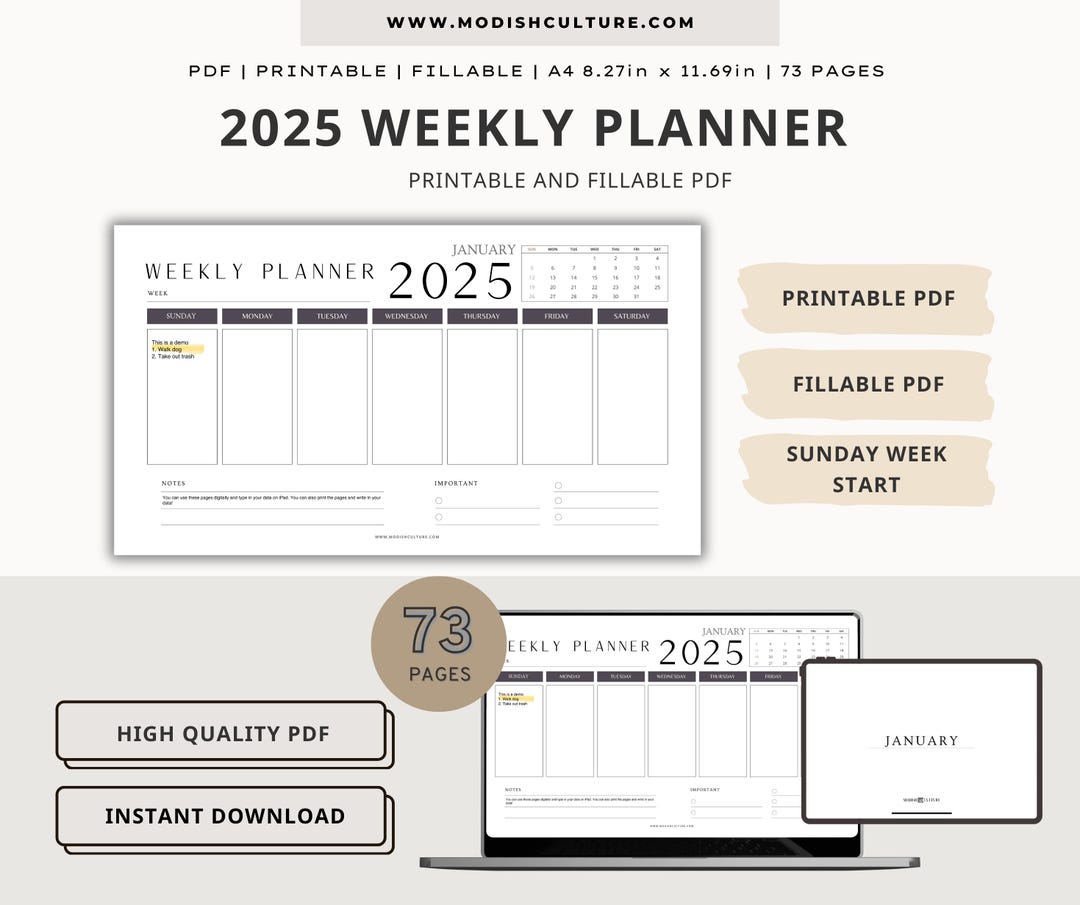 2025 Weekly Planner – Printable PDF (73 Pages) | Fillable & Print ...