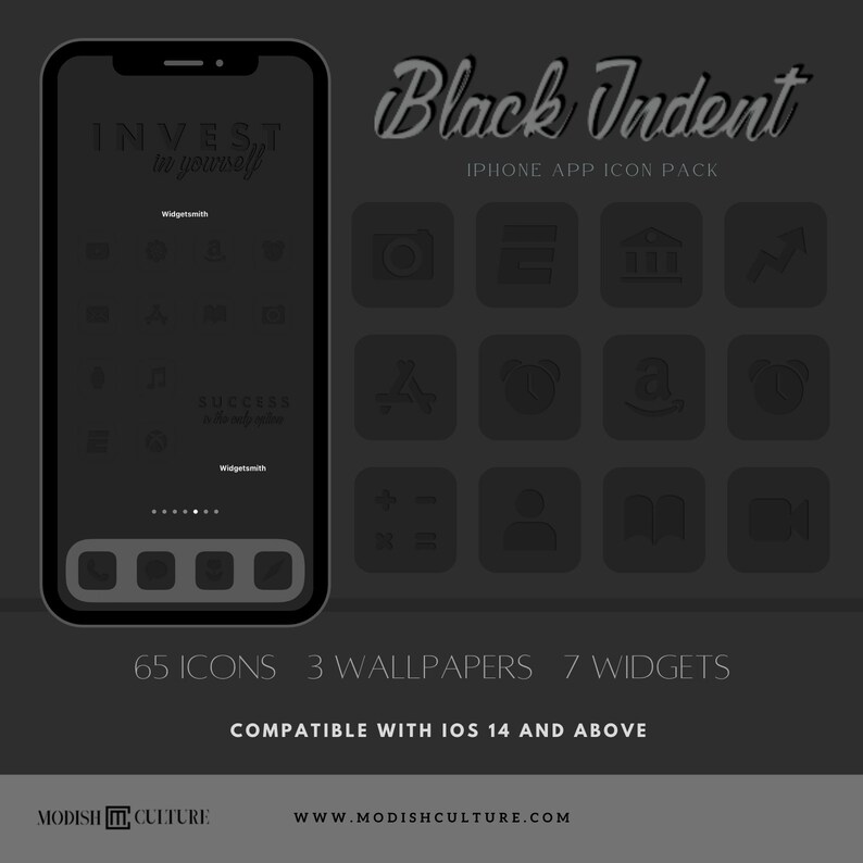 BLACK INDENT iPhone App Icon Theme | IOS14+ | Black Icons | Aesthetic | Android Icons - Etsy
