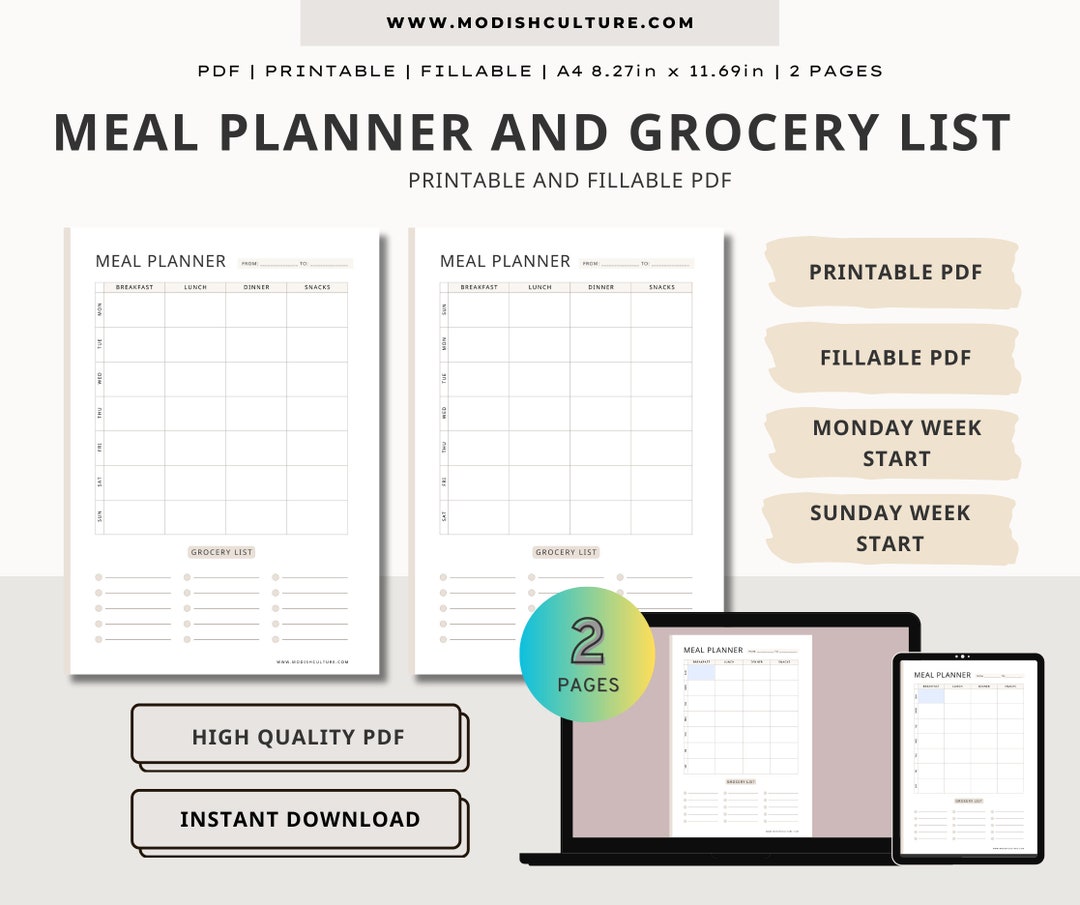 Meal Planner and Grocery List | PRINTABLE PDF | Instant Download ...