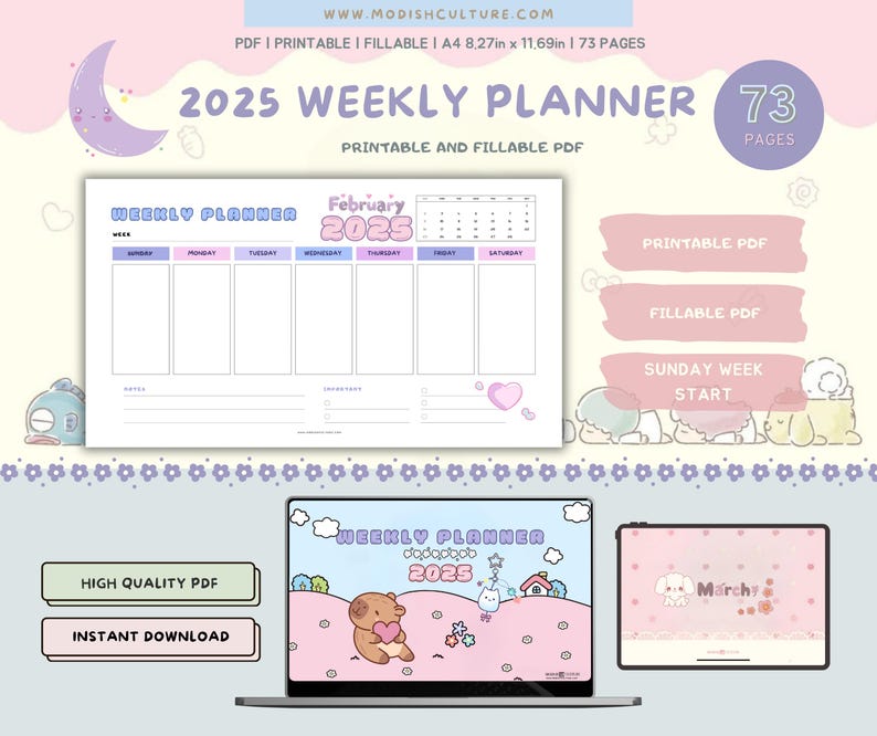 2025 KAWAII Printable Weekly Planner - Fillable & Print-friendly PDF ...