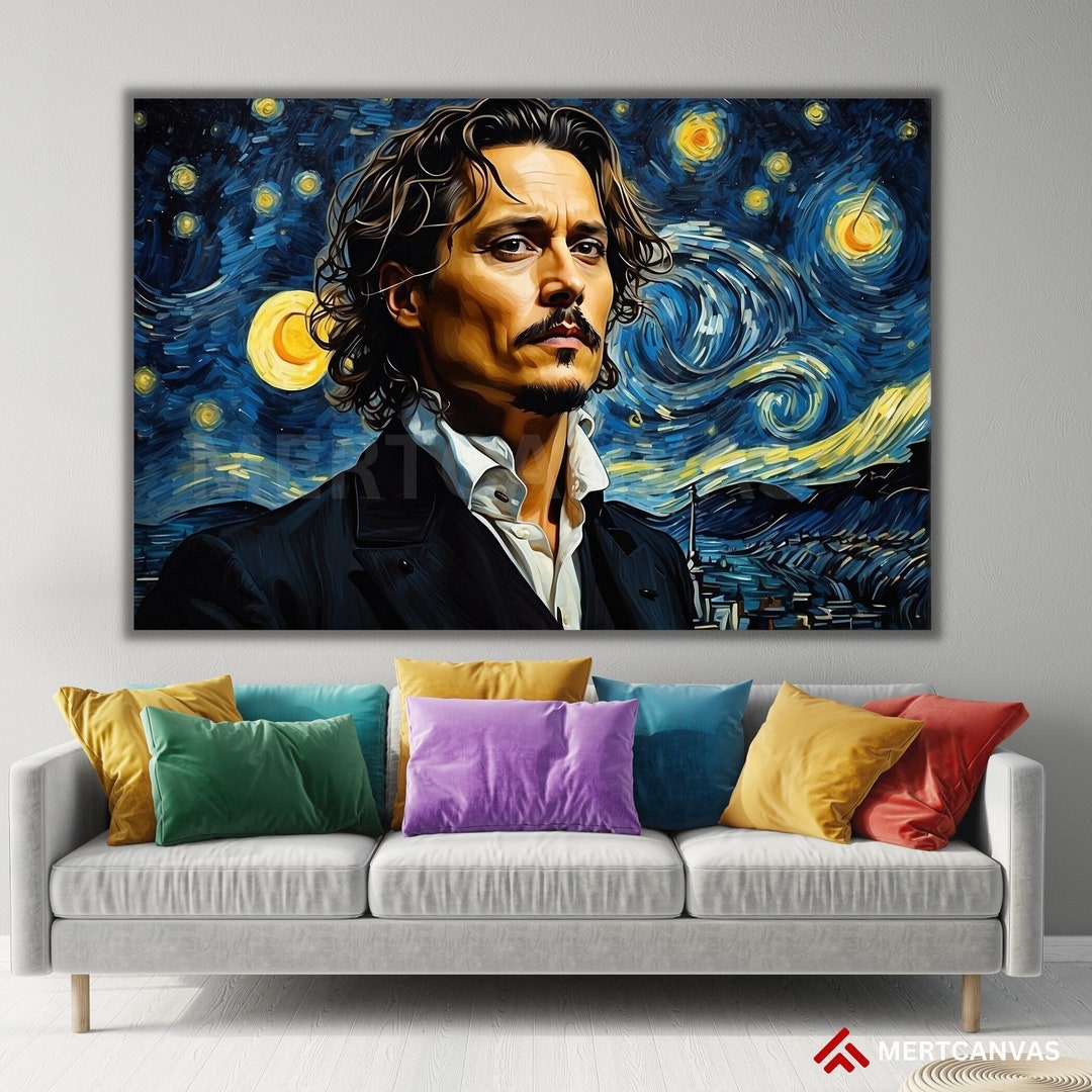 Johnny Depp Portrait Art Canvas Vincent Van Gogh the Starry Night Style Johnny Depp Poster ...