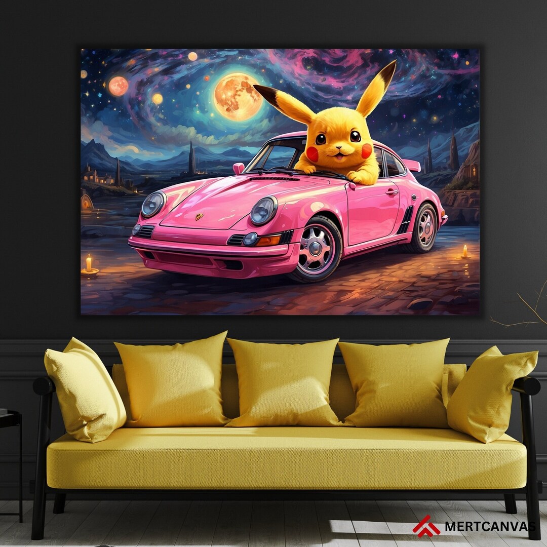 Colorful Pikachu in Pink Car Canvas Art | Vibrant Wall Decor, Cute ...