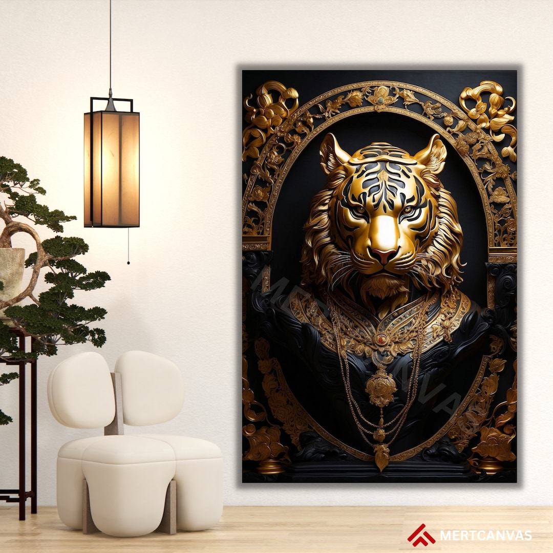 Gold and Black Bald Tiger Design Tiger Canvas Gold Tiger Canvas Tiger ...