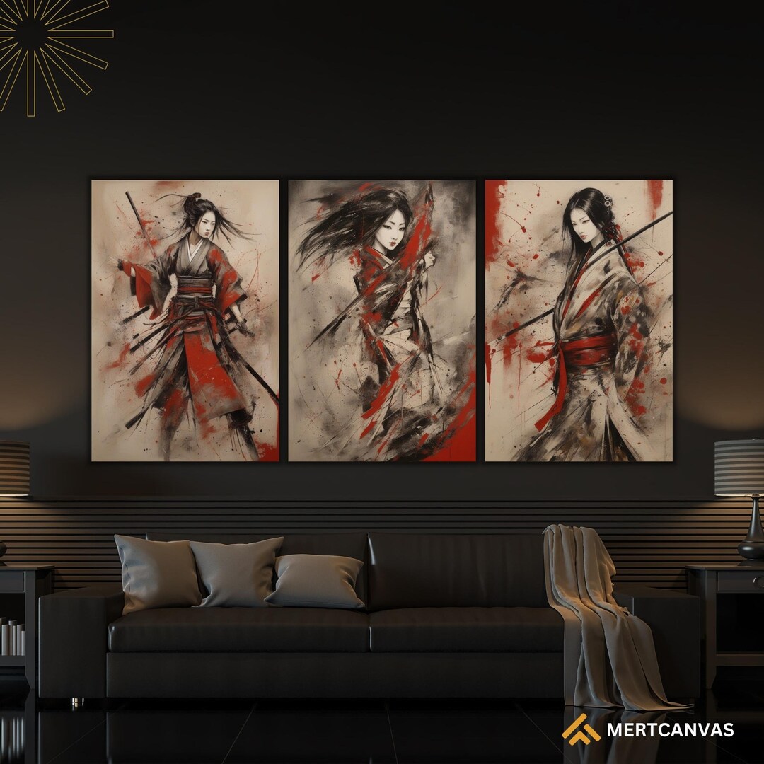 Samurai Women Packson Pollock Style Canvas Abstract Wall Art Print Set Poster Set of 3 Posters ...
