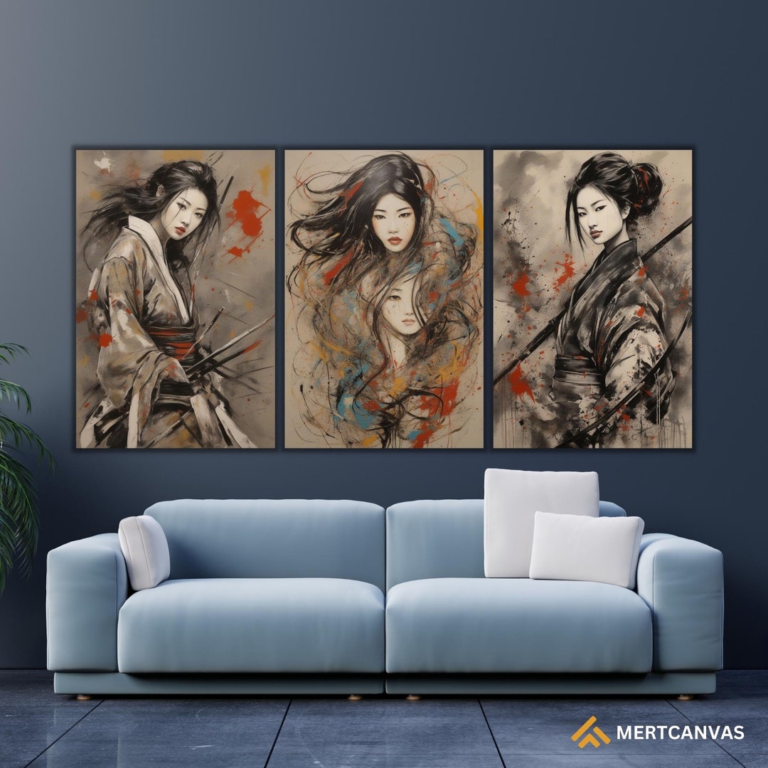 Samurai Women Packson Pollock Style Canvas Abstract Wall Art Print Set Poster Set of 3 Posters ...