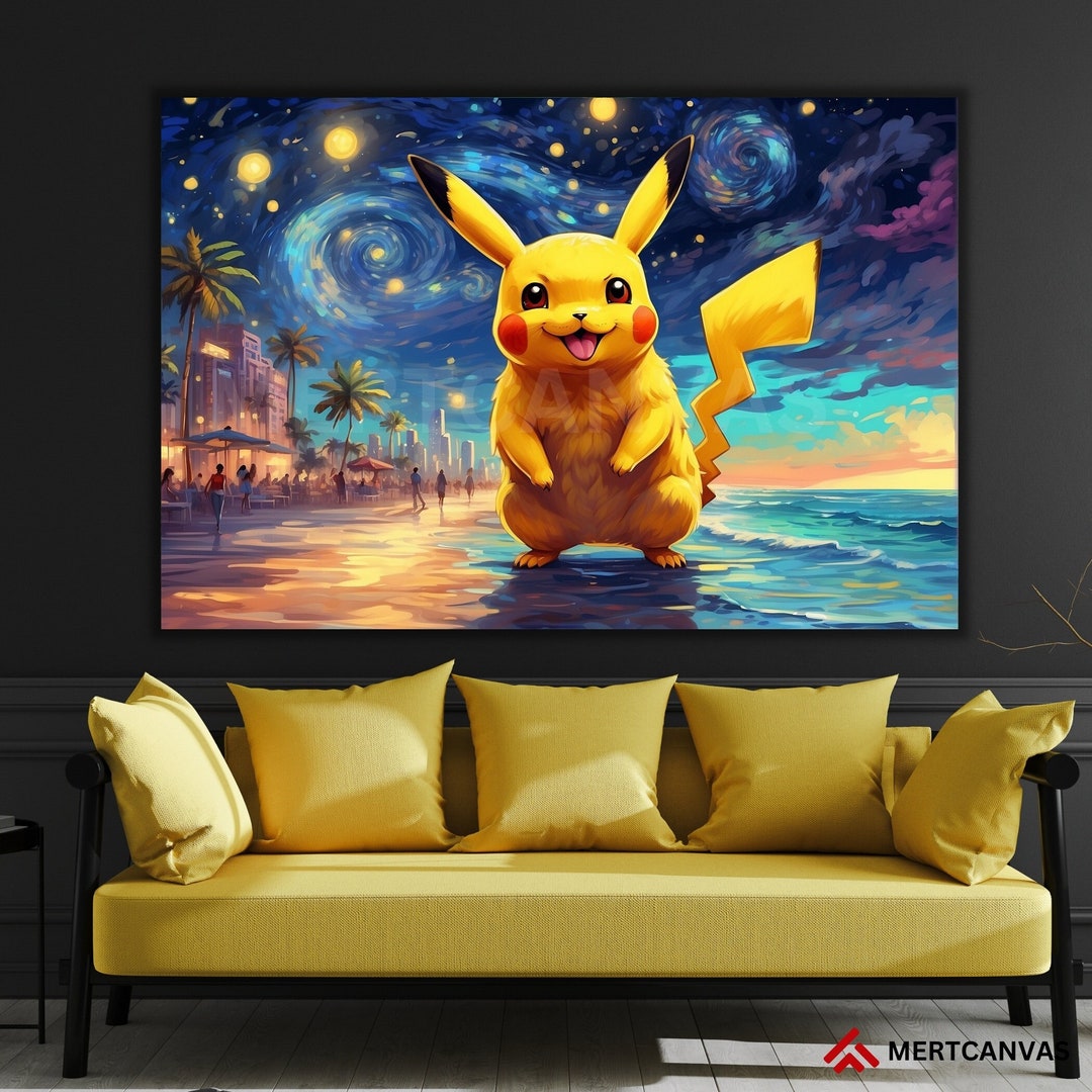 Pikachu on Miami Beach Canvas Christmas Pikachu Art Miami Pikachu Decor ...
