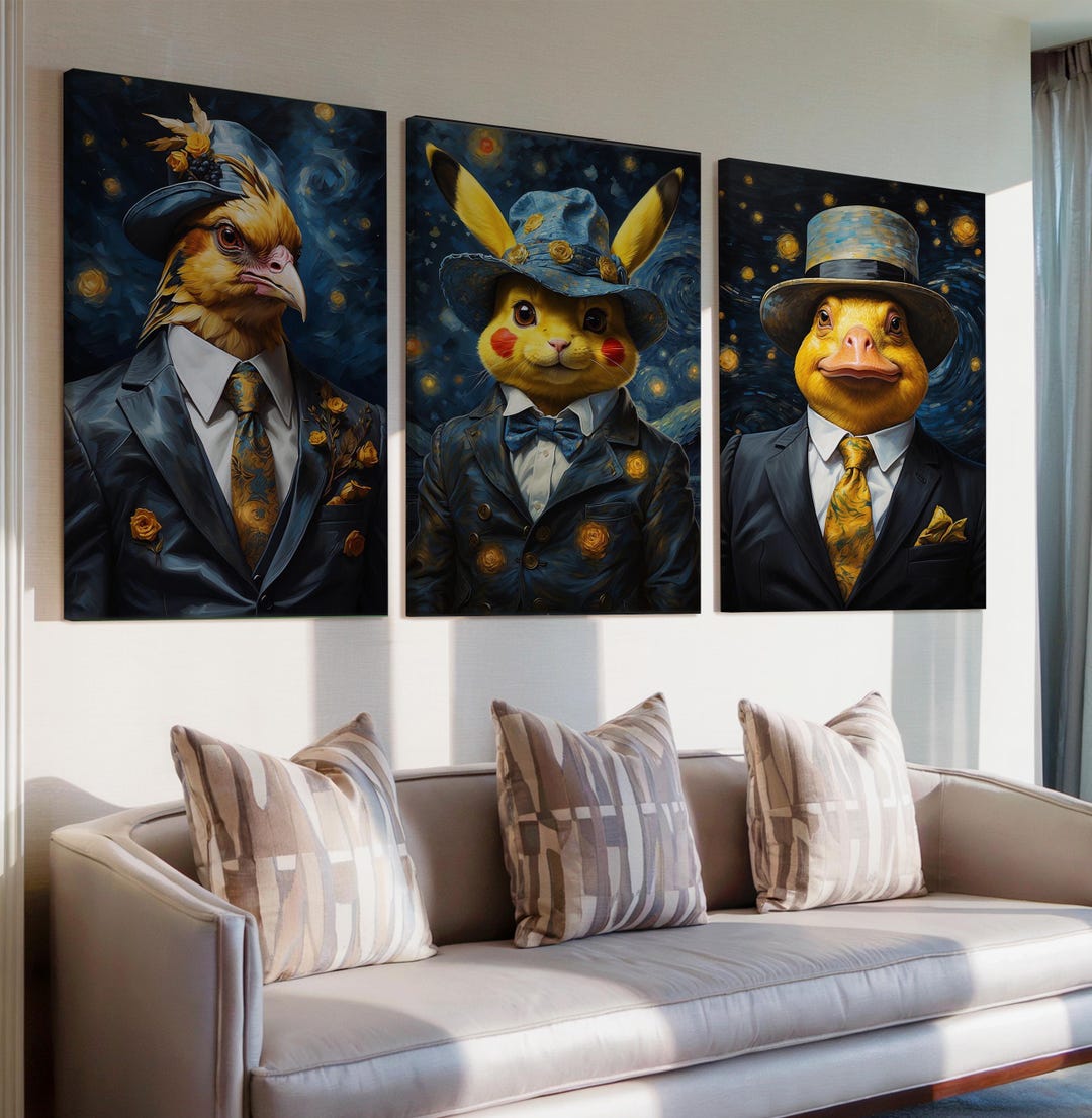 Pikachu Pidgeot and Psyduck Canvas Art Set of 3, Pikachu Ready to Hang ...