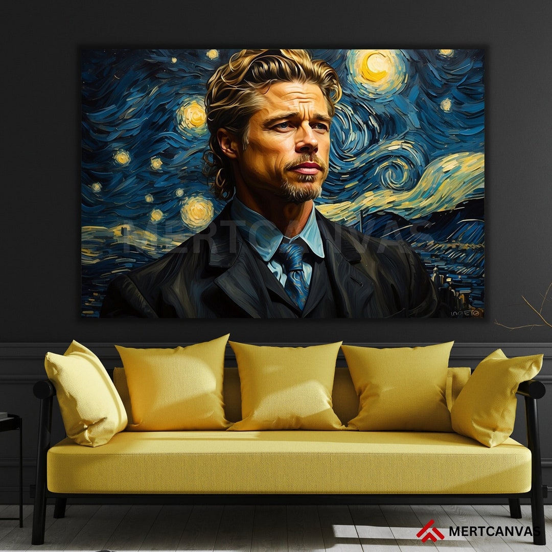 Brad Pitt Portrait Art Canvas Vincent Van Gogh the Starry Night Style ...