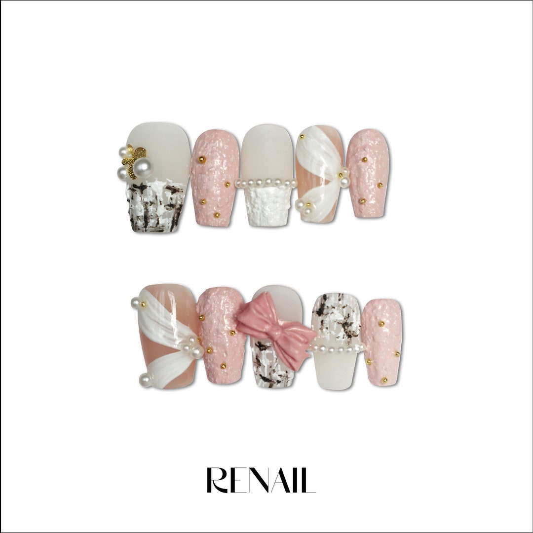 Reusable Fake Nails, Press on Nails Medium Coffin, Gold Pearls & 3D ...