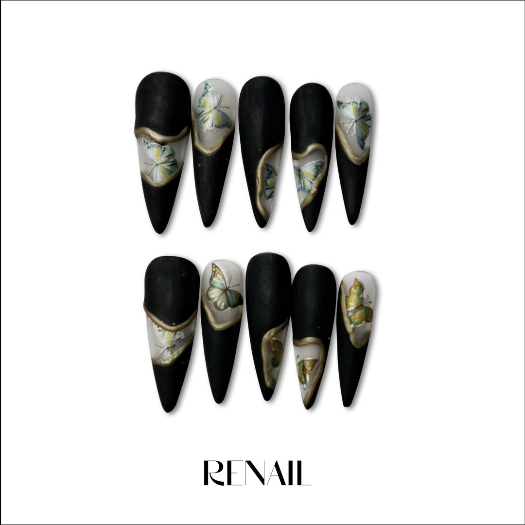 Reusable Fake Nails, Black Press-on Nails, Shiny Butterflies, 3D Silver ...