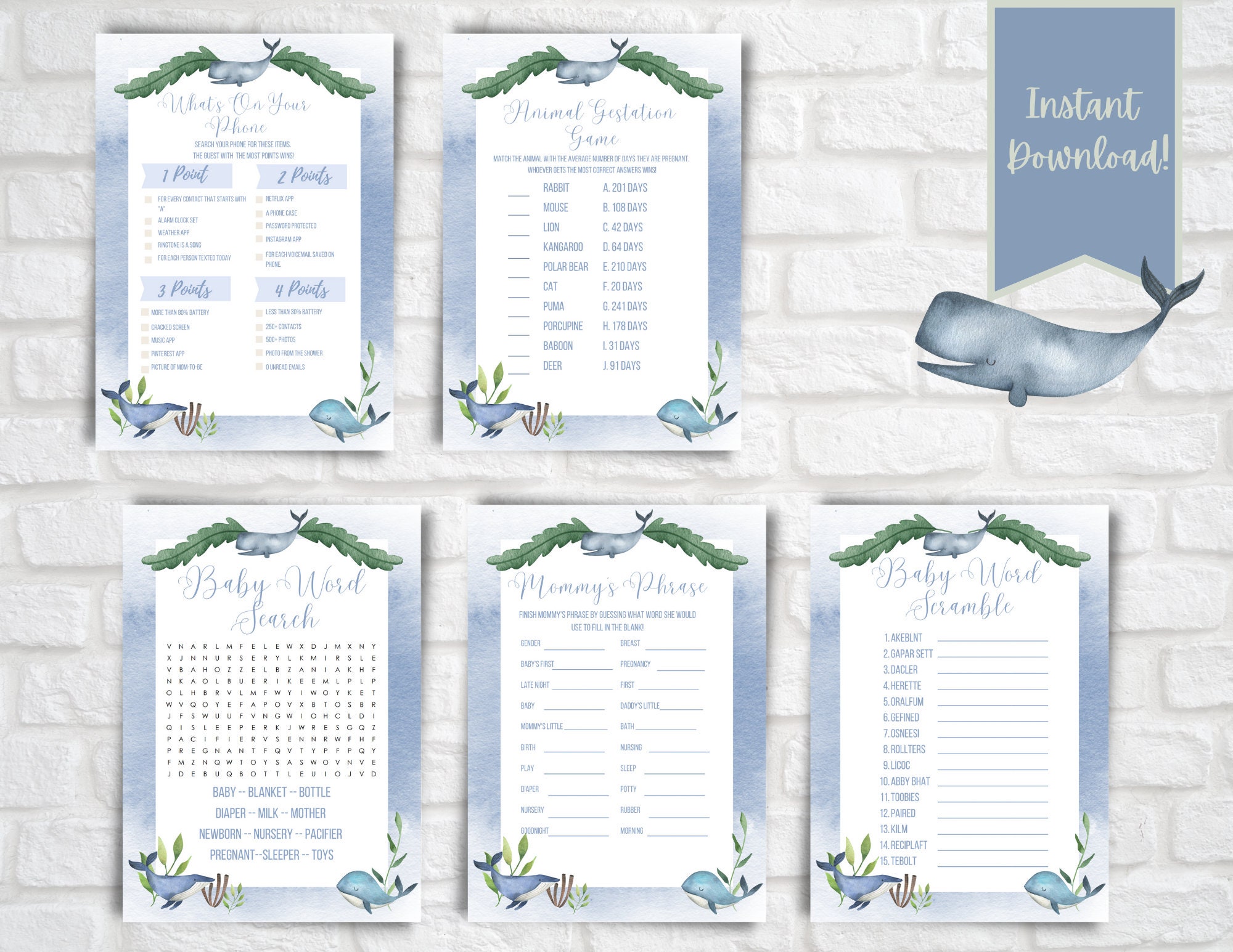 Whale Baby Shower Games | Whale Baby Shower Games Bundle | Printable ...