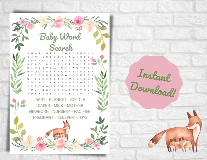Baby Shower Word Search Game Baby Shower Games Word Search Fox Theme ...