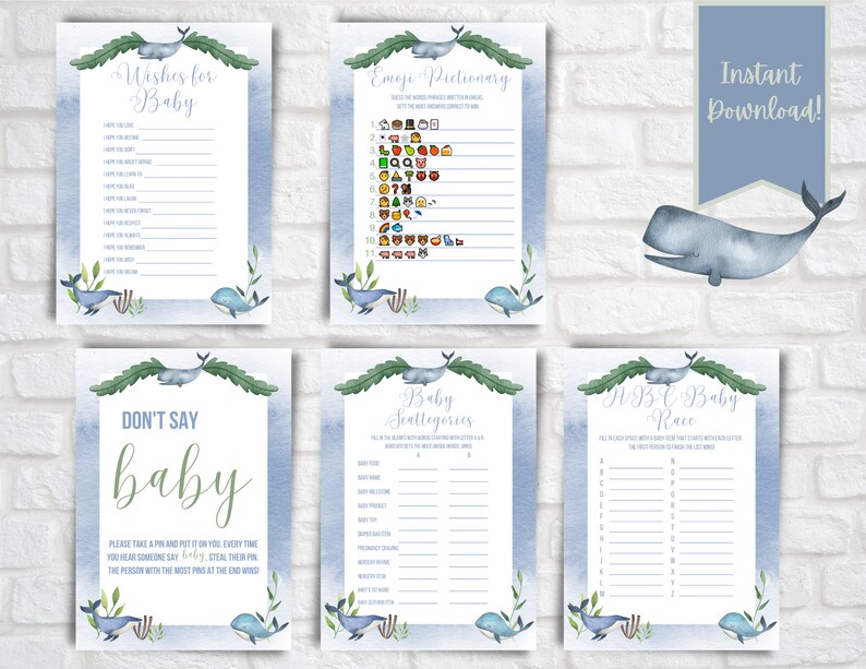 Whale Baby Shower Games | Whale Baby Shower Games Bundle | Printable ...