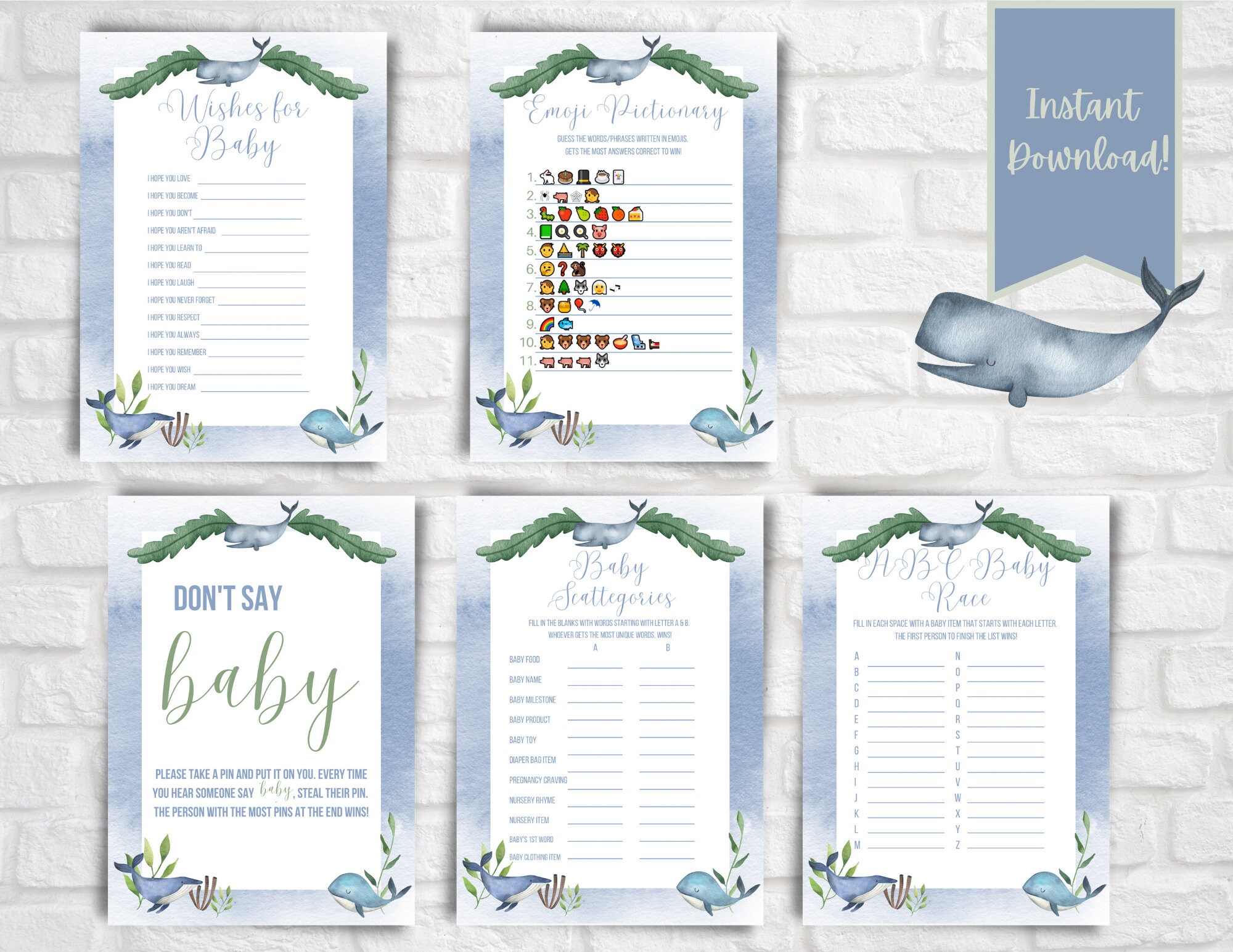 Whale Baby Shower Games | Whale Baby Shower Games Bundle | Printable ...