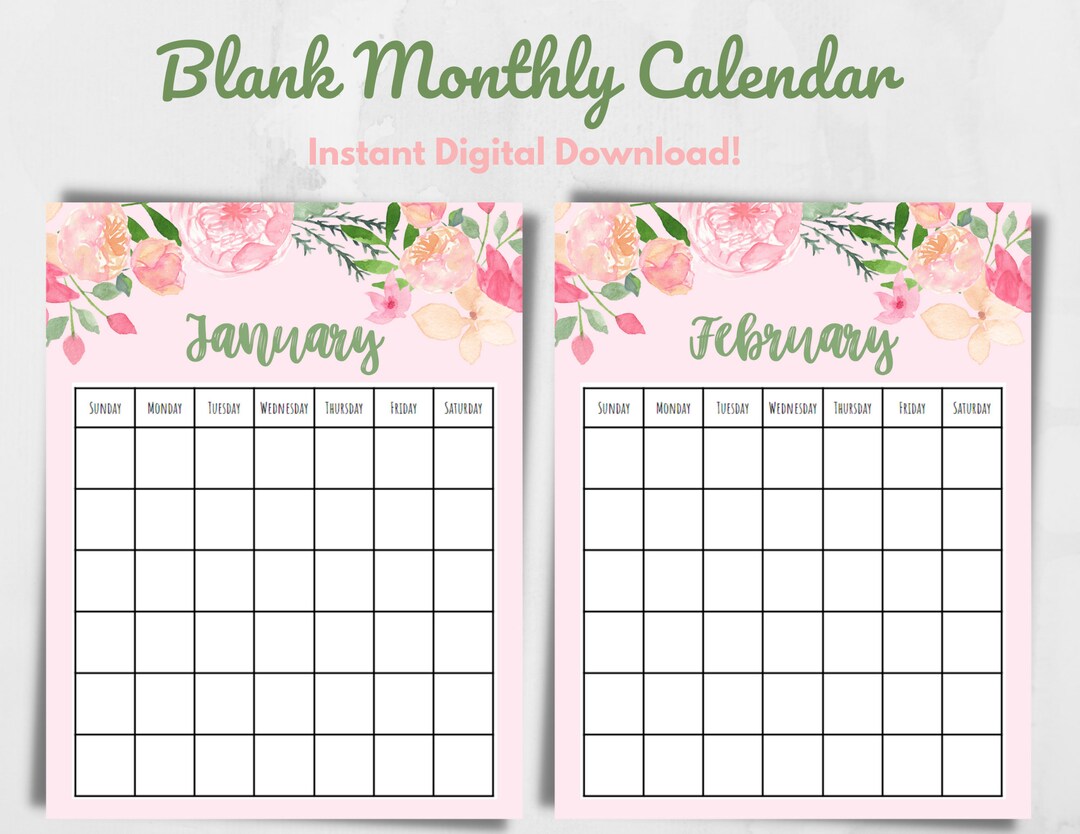 Blank Calendar | Floral Calendar| Printable | Digital Download ...