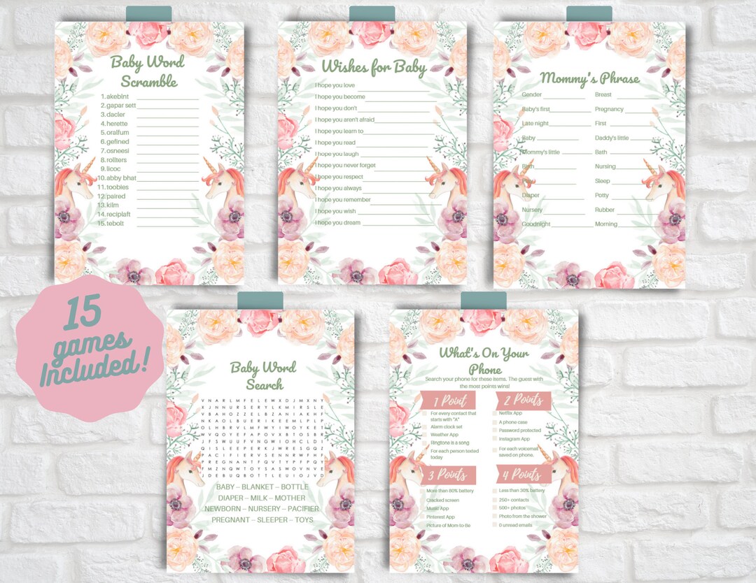 Unicorn Baby Shower Games | Baby Shower Games Bundle | Printable Games ...